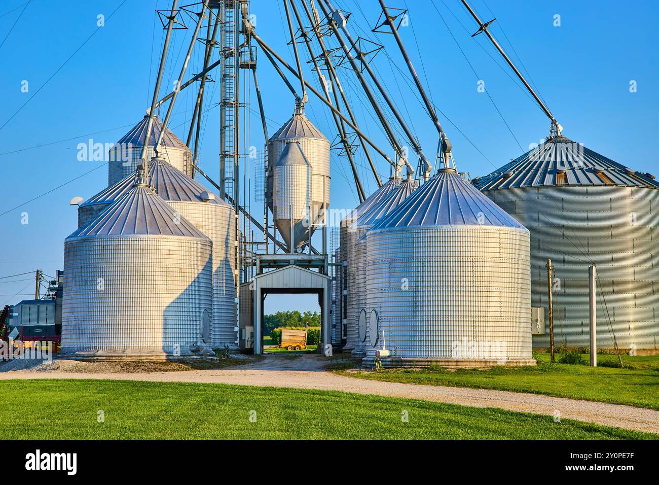 Grain Silos and Conveyors in Rural Farm Setting Eye-Level Perspective ...