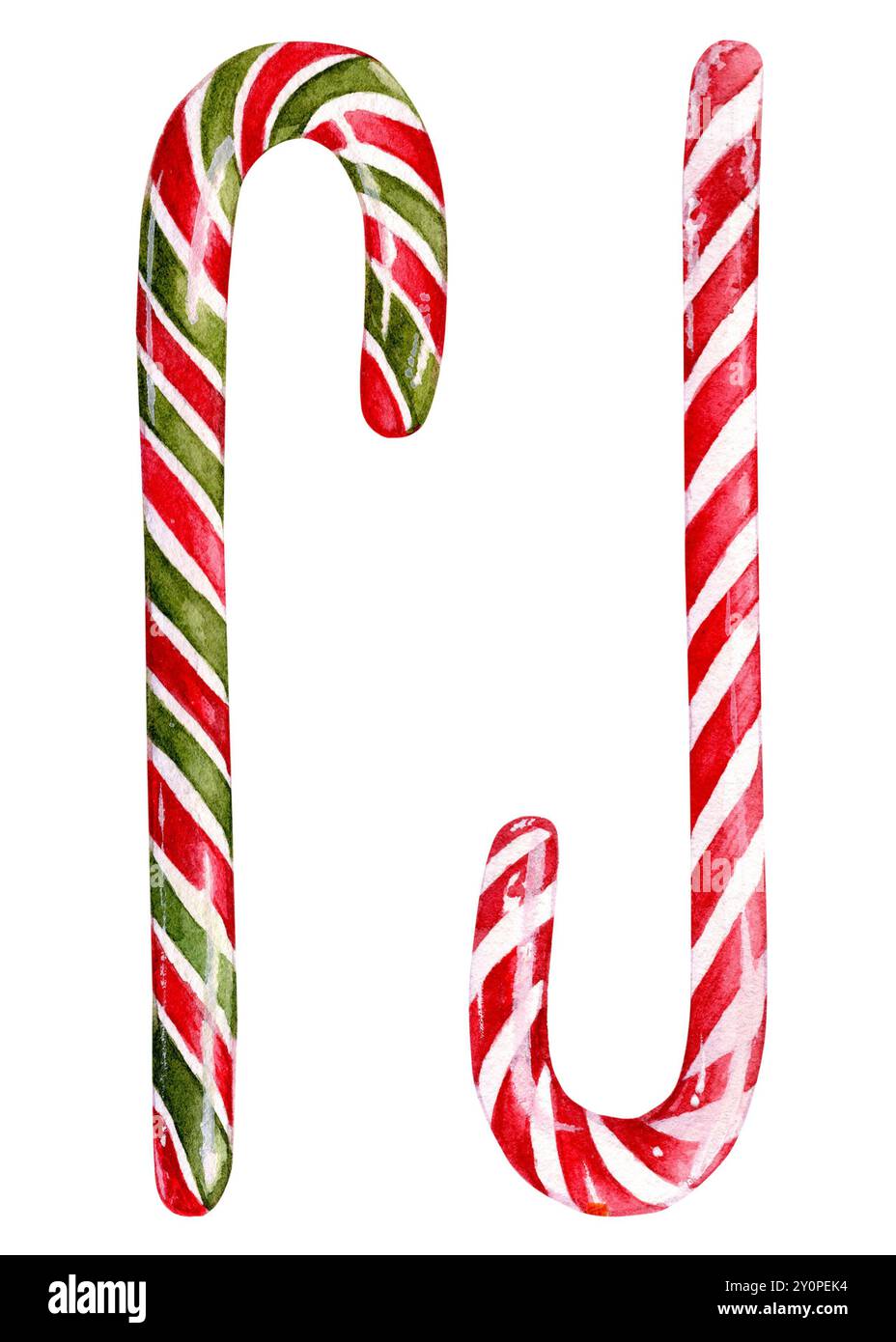 Cute hand drawn watercolor christmas canes in red and green colors ...