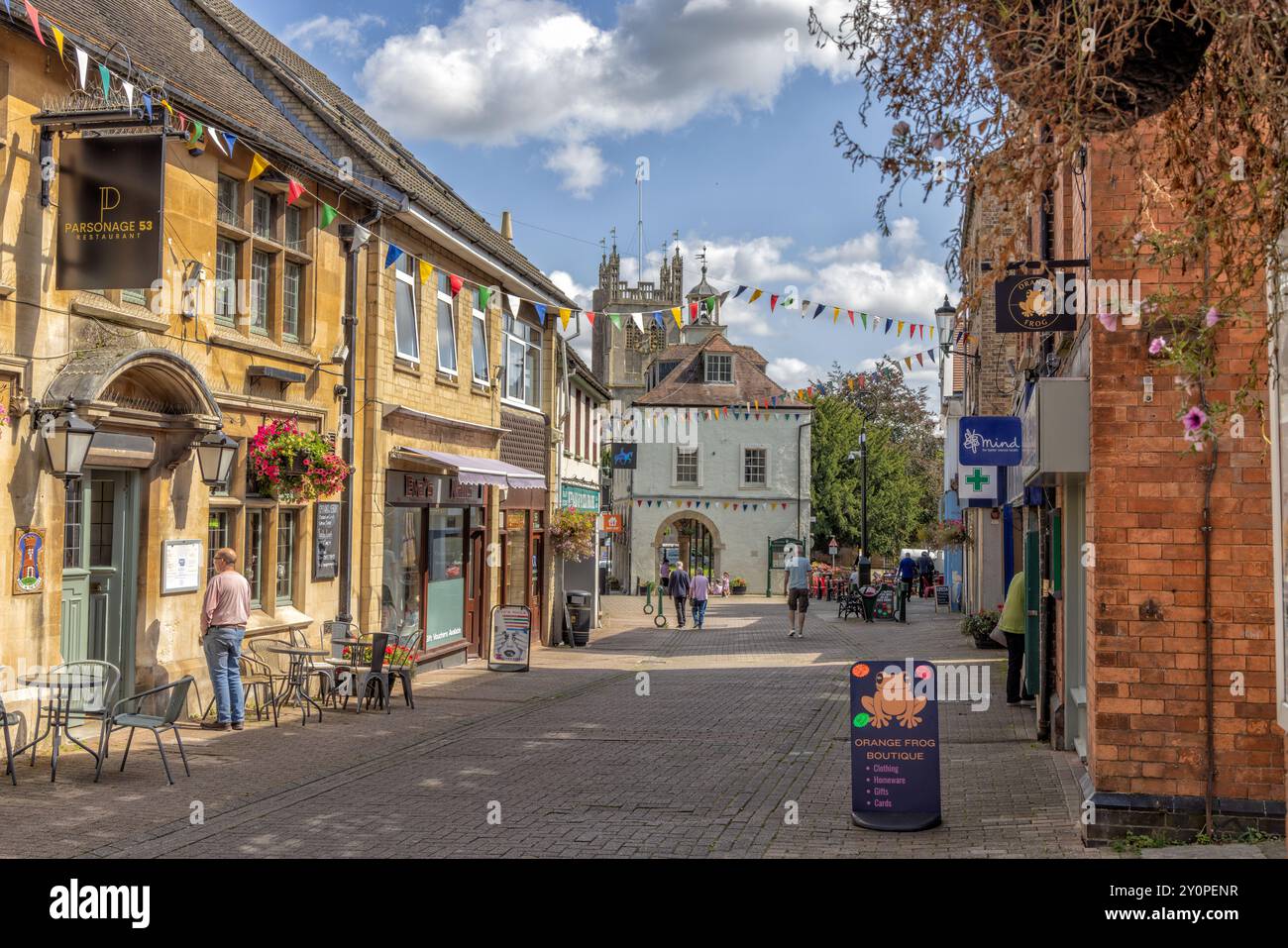 Dursley high street with 18th Century Town and Market Hall and Church ...