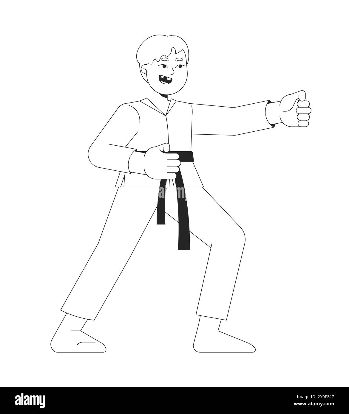 Martial arts kimono boy in fighting stance black and white 2D line ...