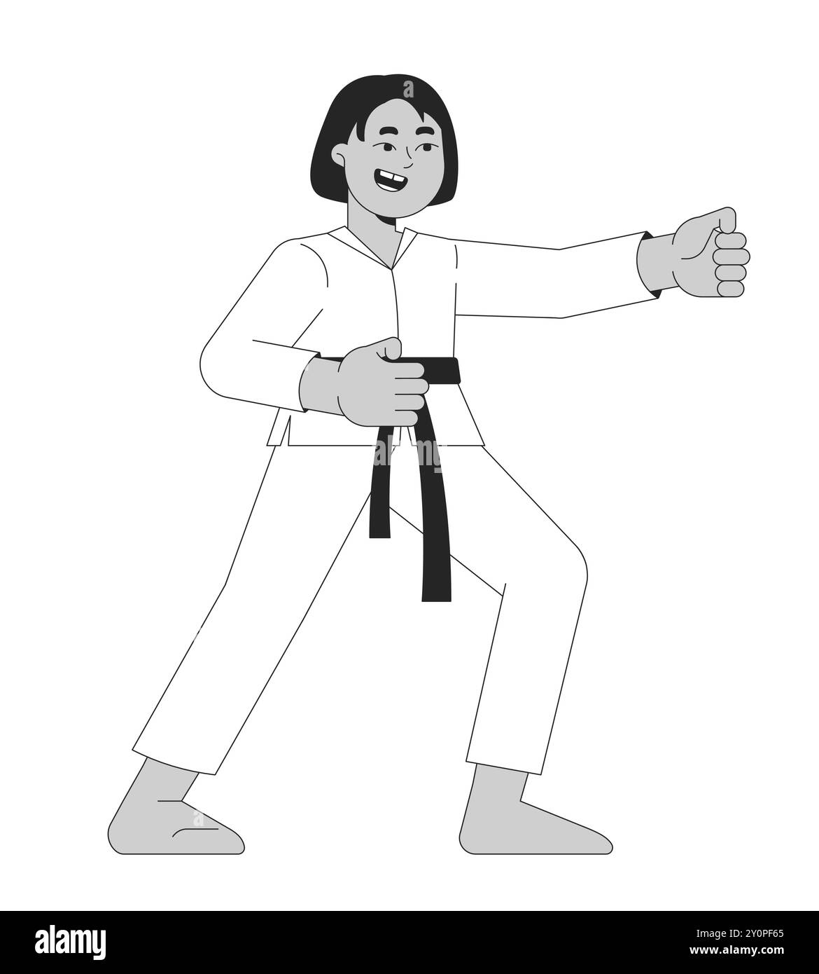 Martial arts kimono girl in combat stance black and white 2D line ...