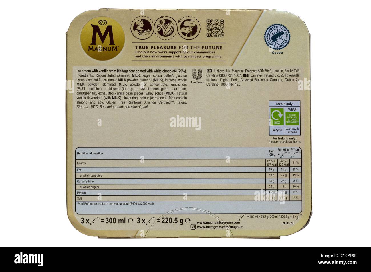 Ingredients and nutritional information on back of box of Magnum white ...