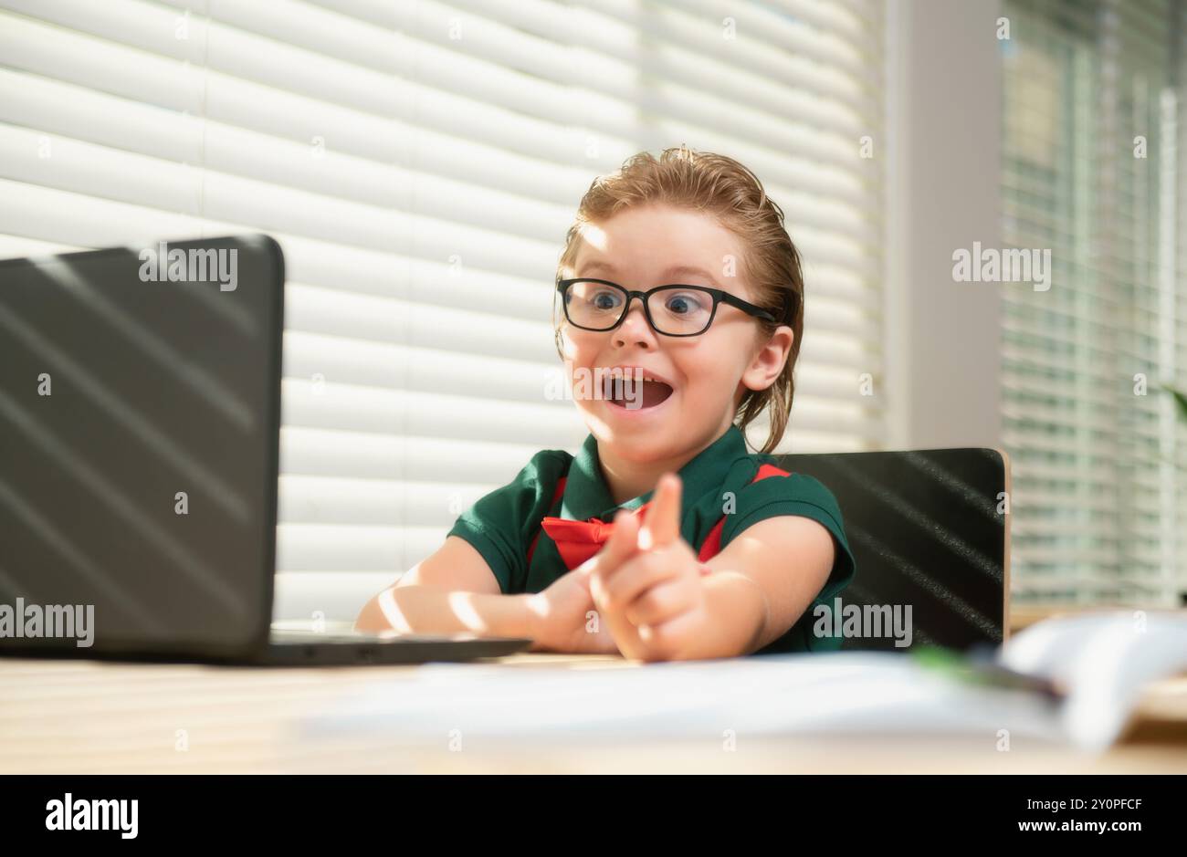 Smart school pupil kid virtual distance learning online, watching remote digital class lesson ...