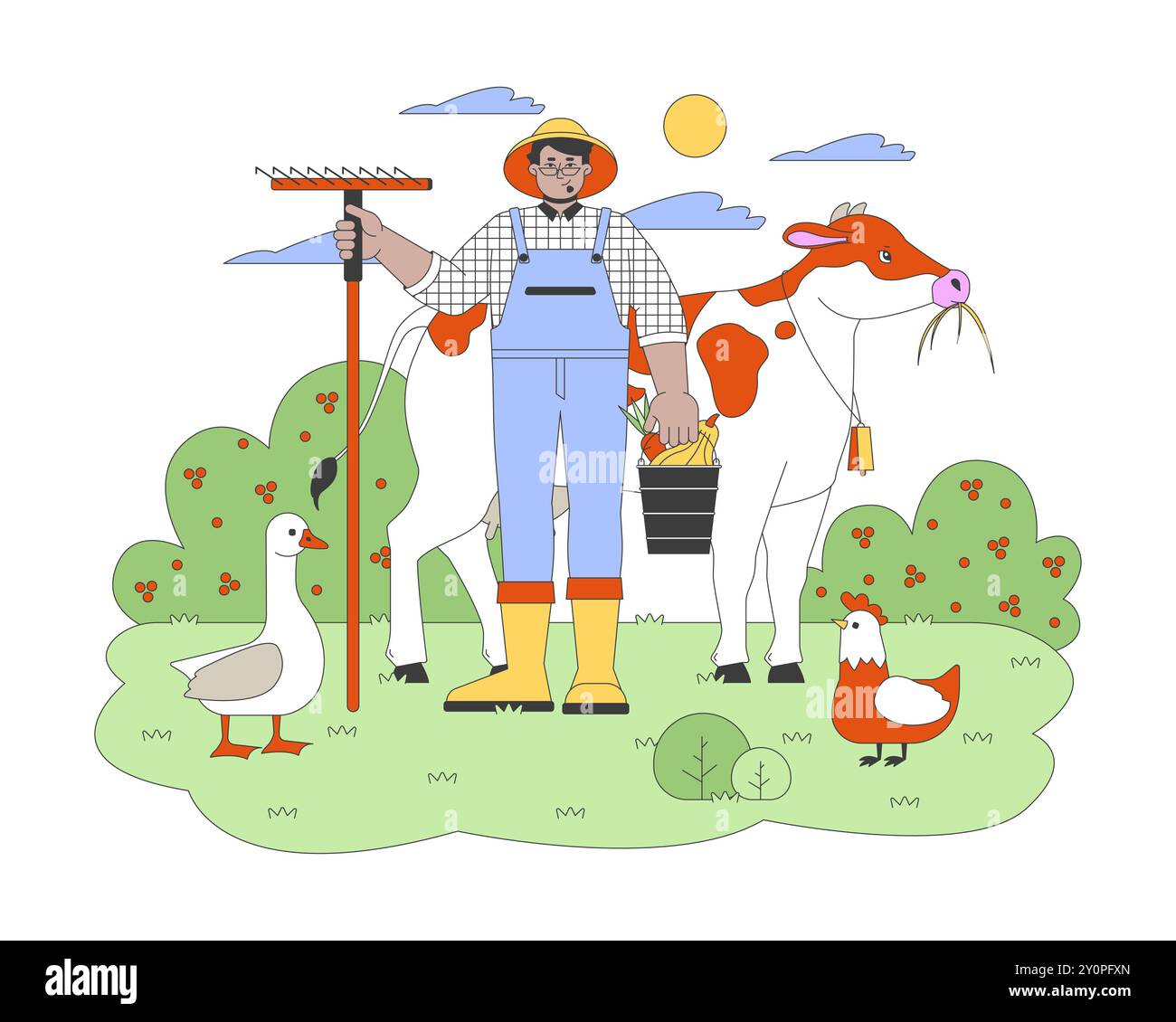 Arab man farmer with rake and animals cartoon flat illustration Stock ...