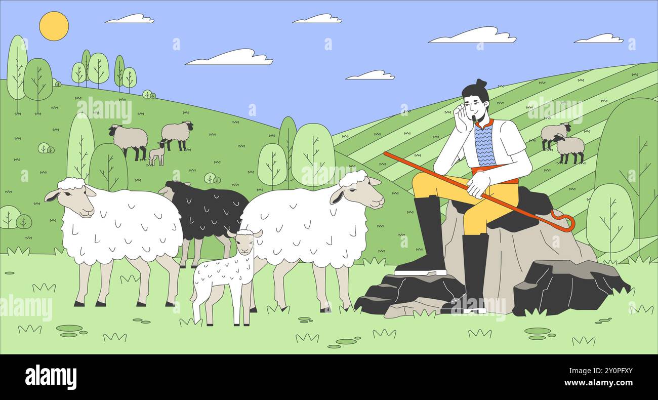 Man shepherd with herd on pasture flat illustration Stock Vector Image ...