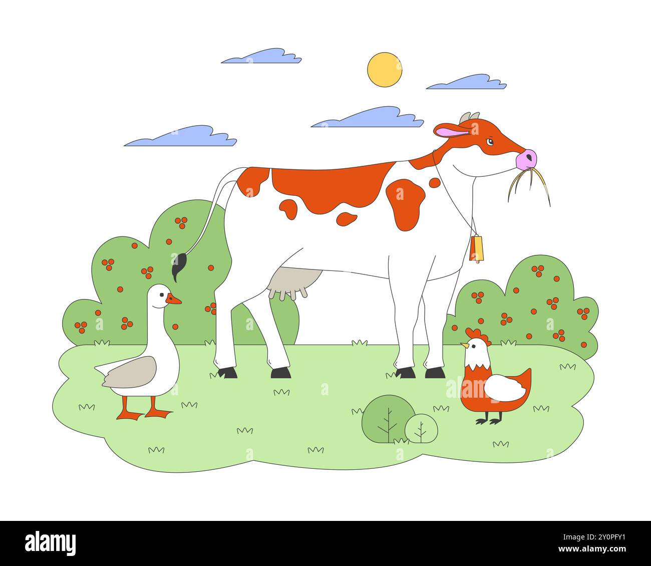 Cow, goose and chicken on farmyard cartoon flat illustration Stock ...