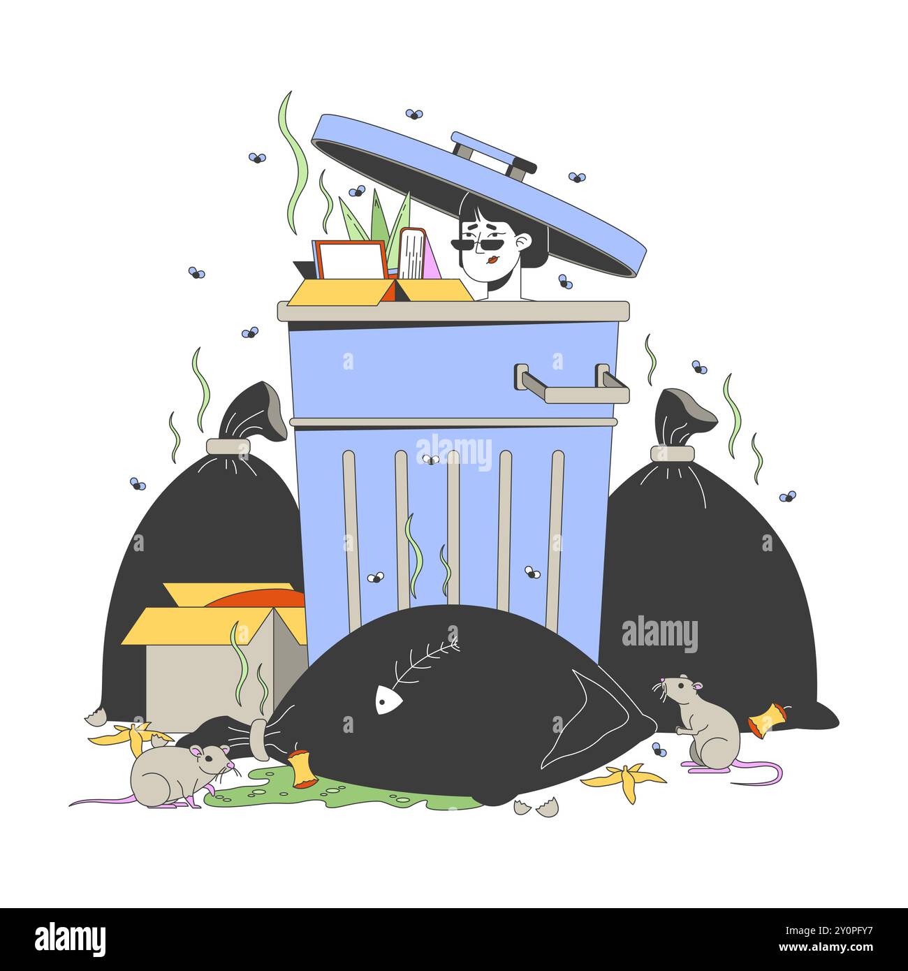 Upset asian woman sitting in waste container cartoon flat illustration ...