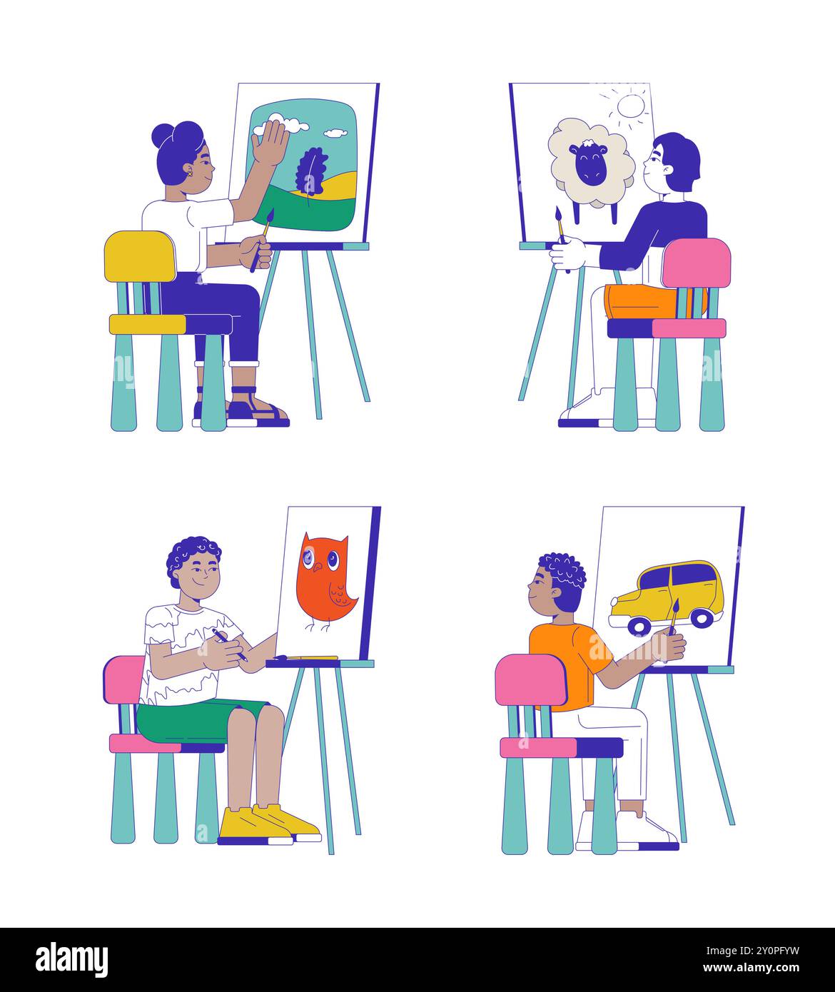 Diverse preteen children painting canvas with easel 2D cartoon ...