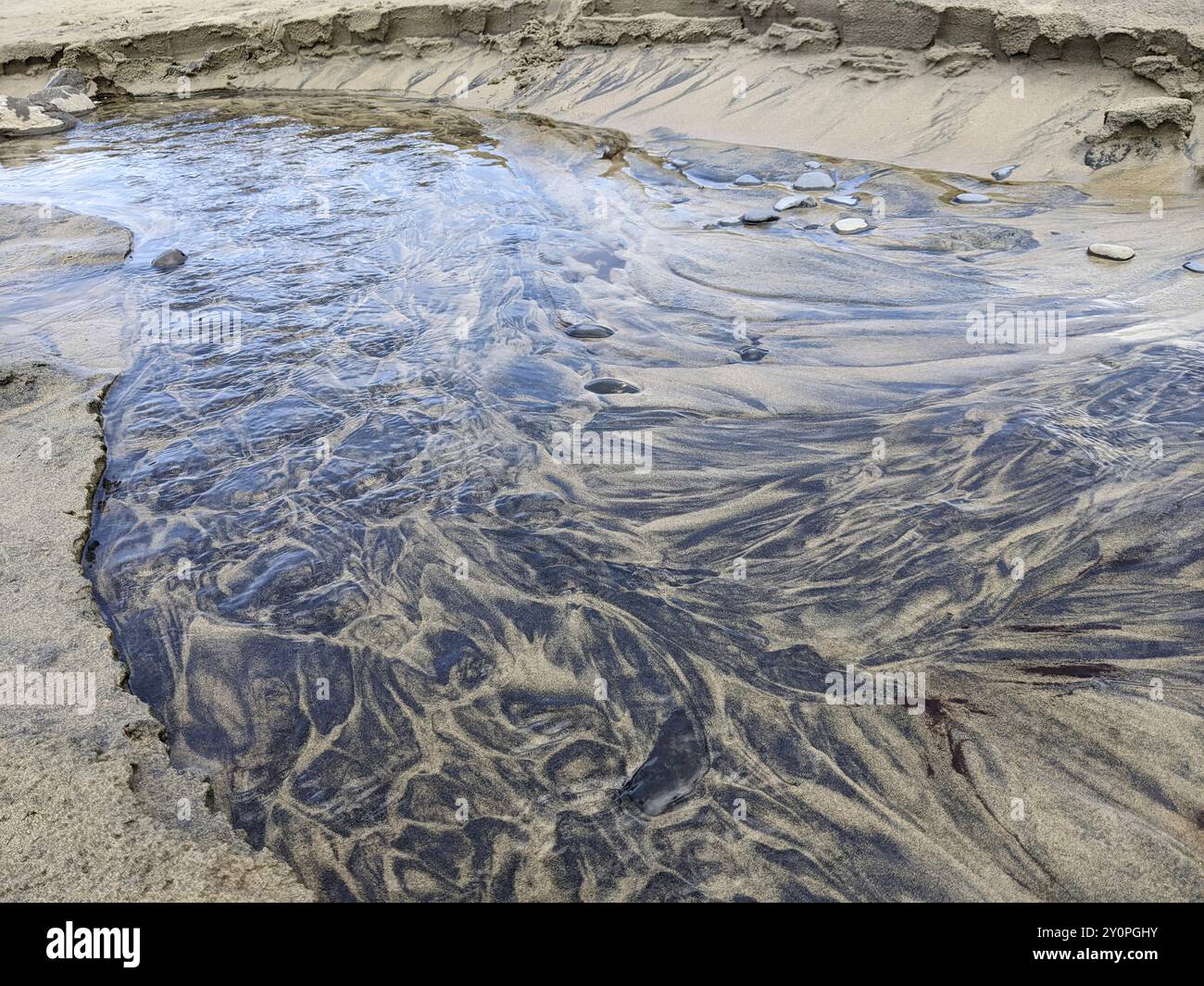 Coastal Sand Patterns and Rippling Stream from Eye-Level Perspective ...