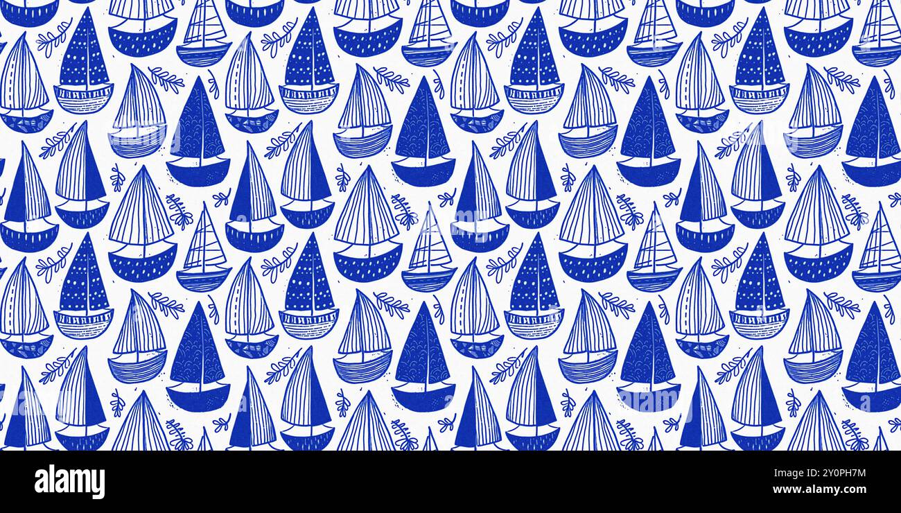 Modern sailing race boat block print banner for decorative coast ...