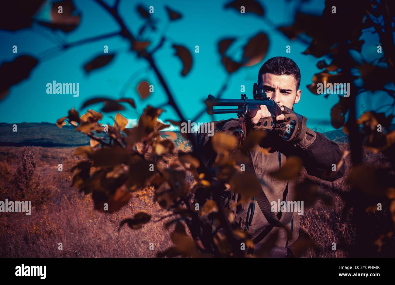 Hunter with shotgun gun on hunt. Process of duck hunting Stock Photo ...