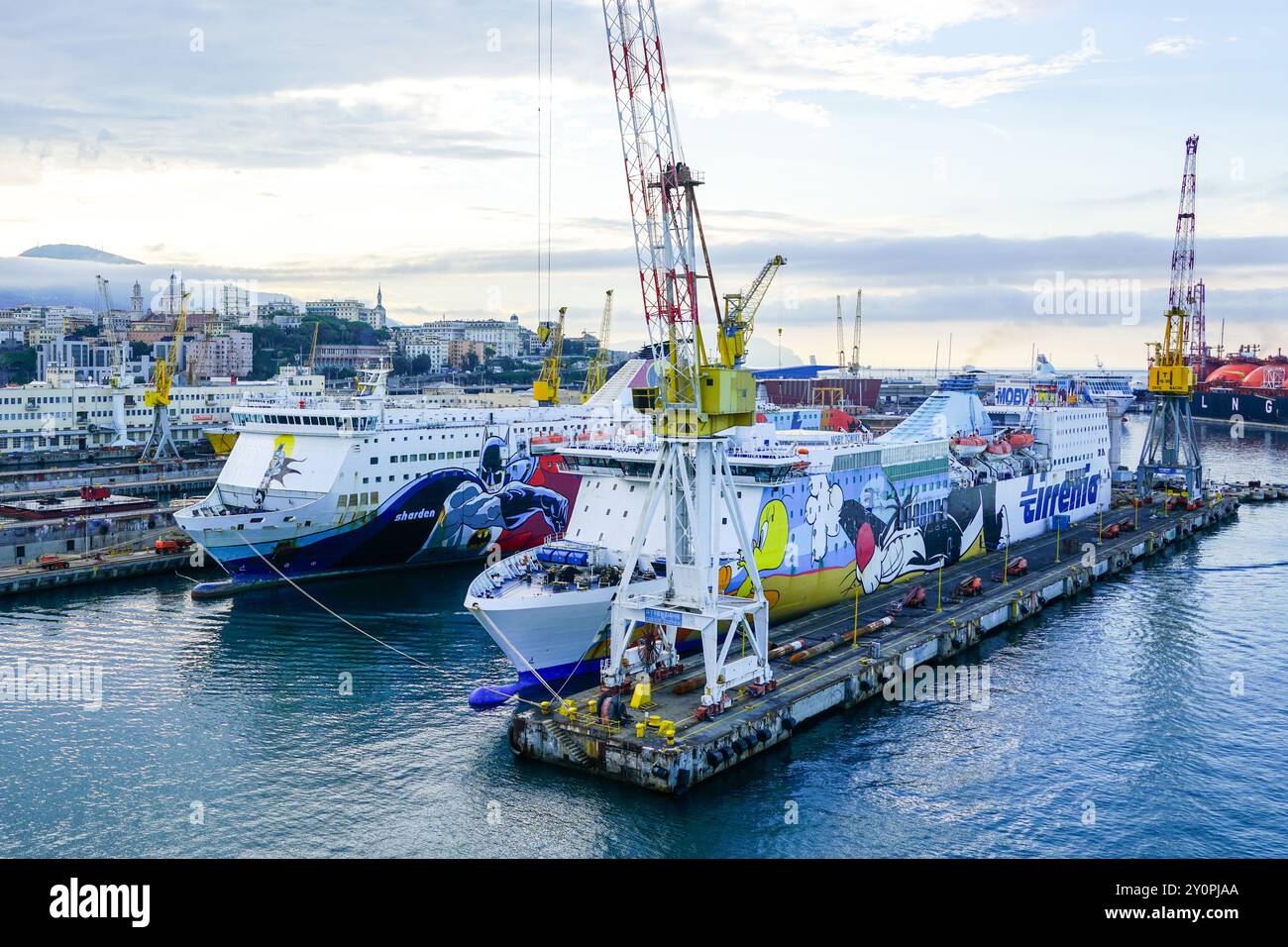 Genoa, Italy- May 27, 2024: Tirrenia Sharden and Moby Lines Moby Tommy ...