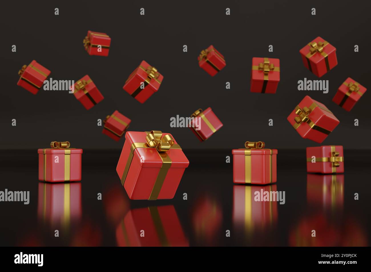 Many red gift boxes with golden bows. 3d illustration Stock Photo - Alamy