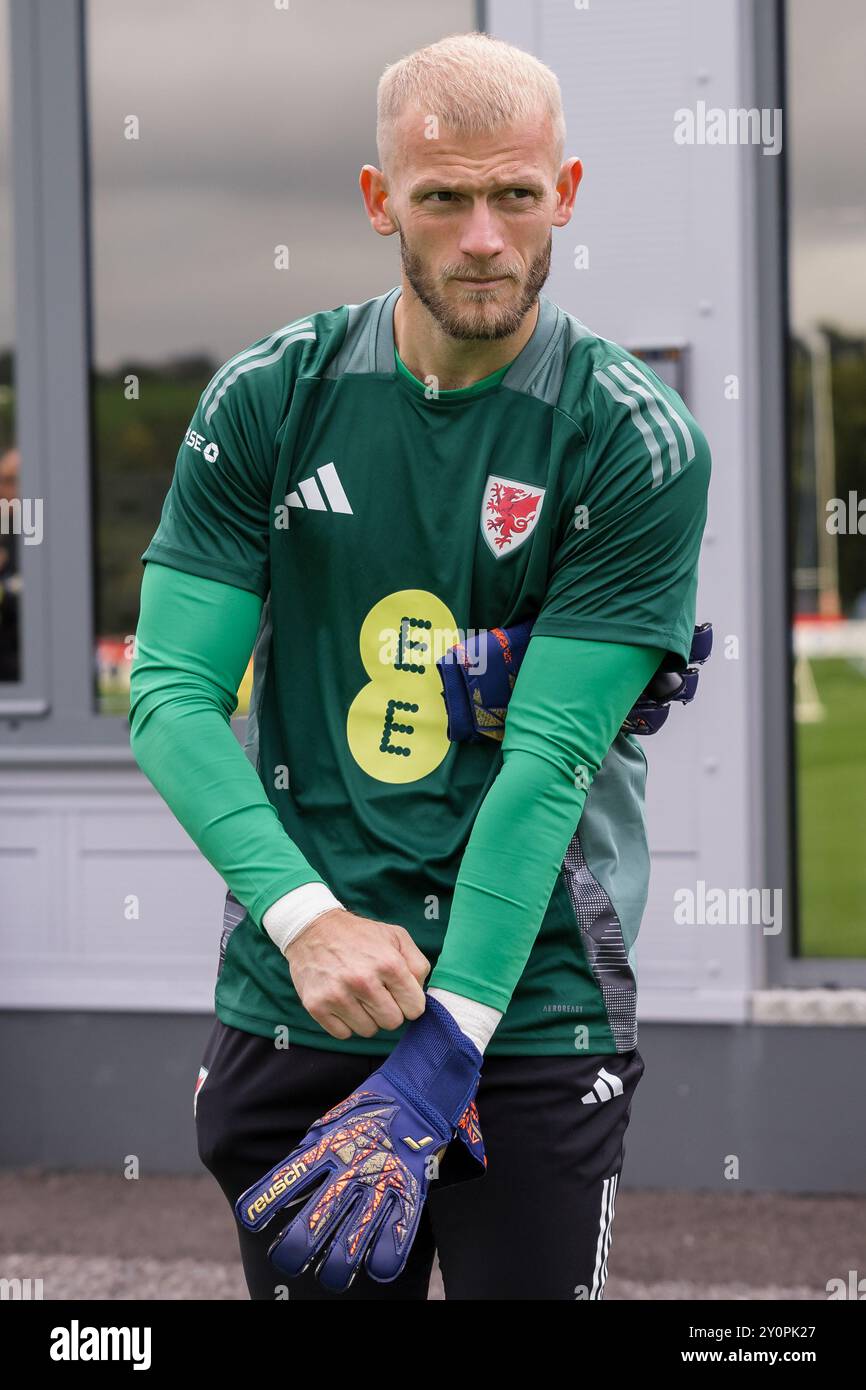PONTYCLUN, UK. 03rd Sep, 2024. Wales' goalkeeper Adam Davies during a ...