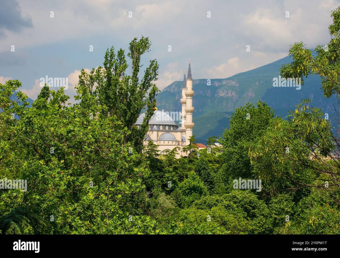 Namazgah Mosque viewed from the Pyramid of Tirana in Albania. Also ...