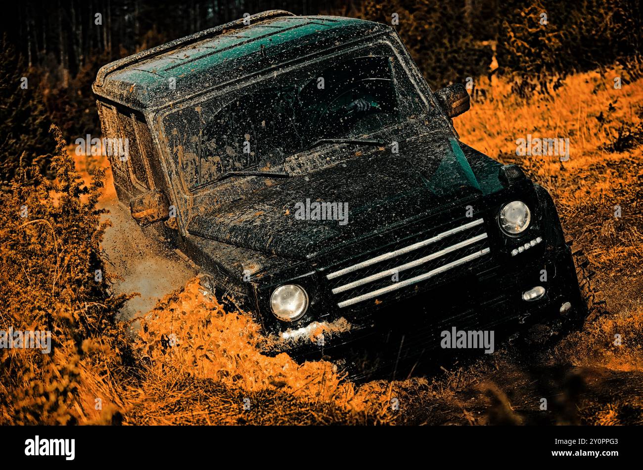 Drag racing car burns rubber. Off the road travel on mountain road ...