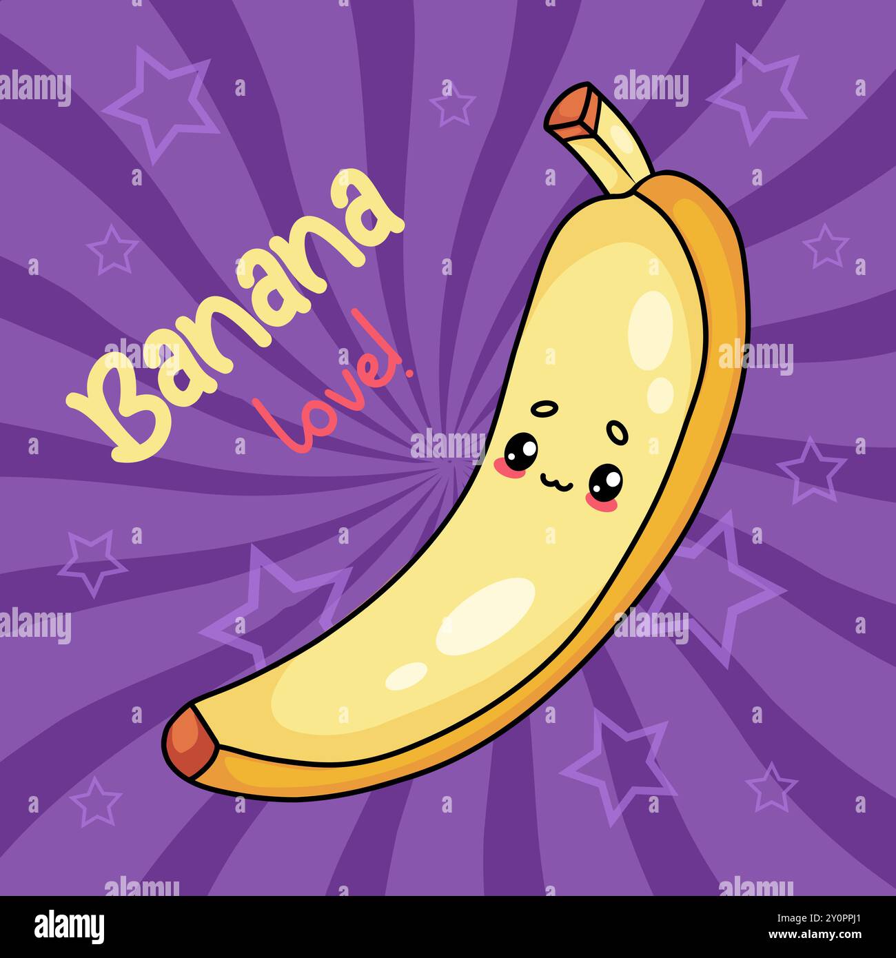 Cute yellow banana. Card with cartoon funny kawaii fruit character with ...