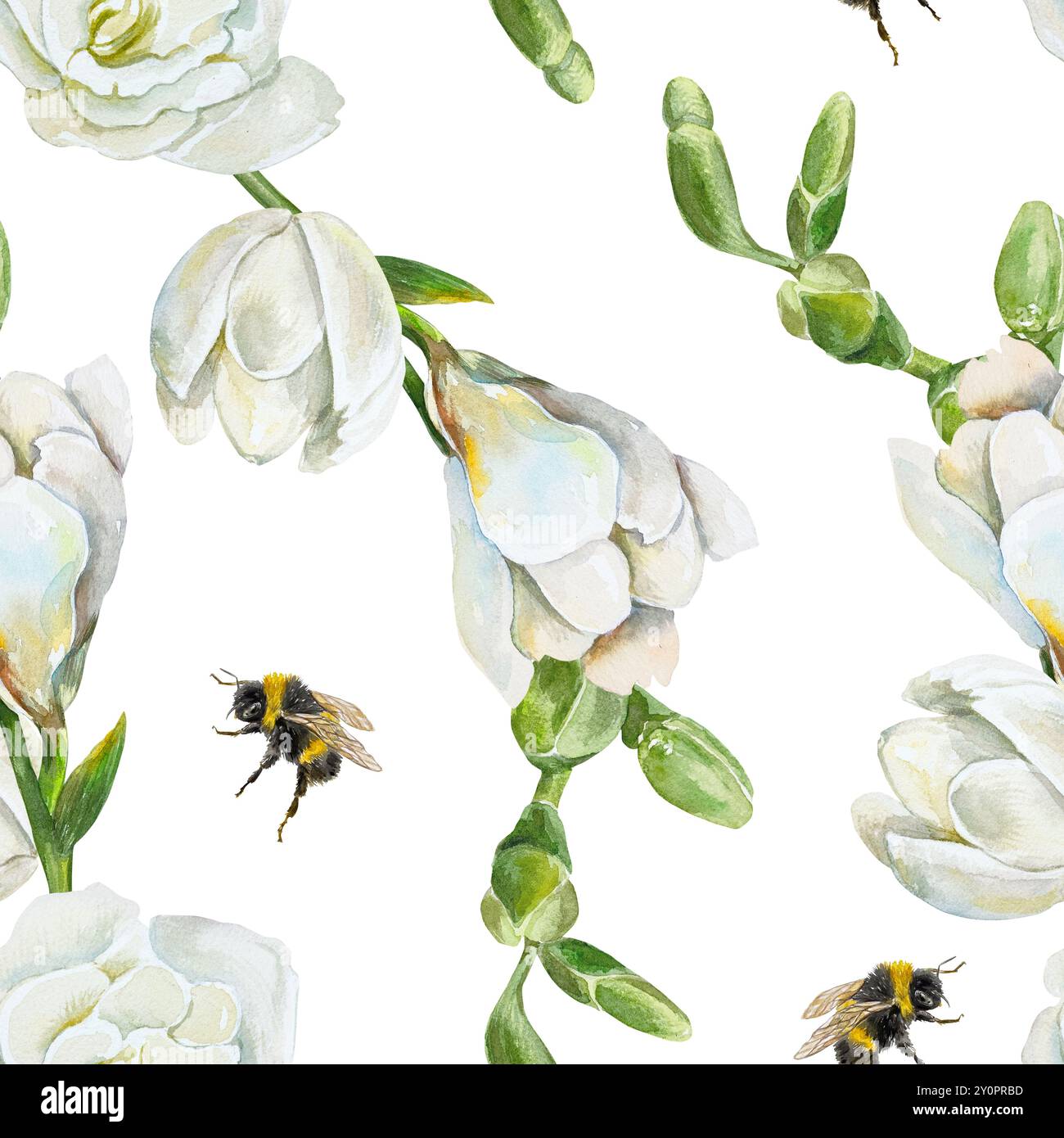 Branches of white freesia flowers and bumblebee. Seamless floral ...