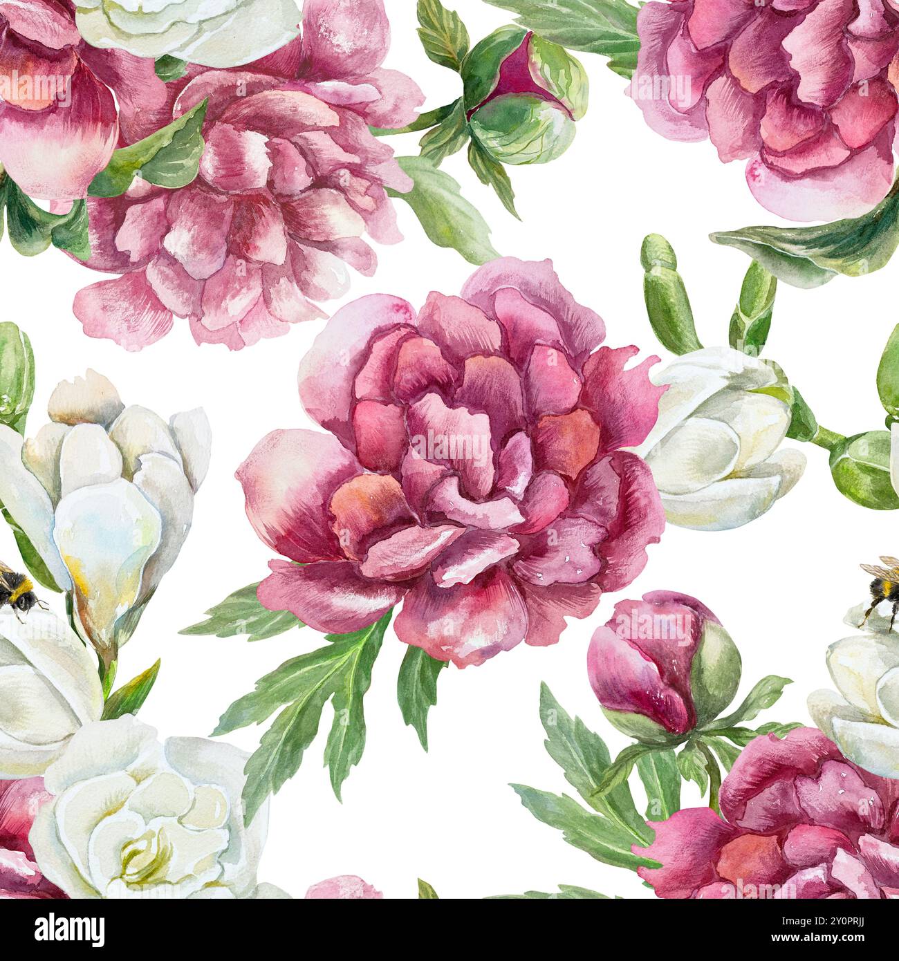 Peonies and white freesia flowers. Seamless floral pattern. Hand drawn ...