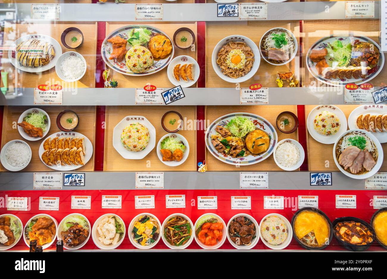 Many traditional japanese food dishes with names and prices displayed ...