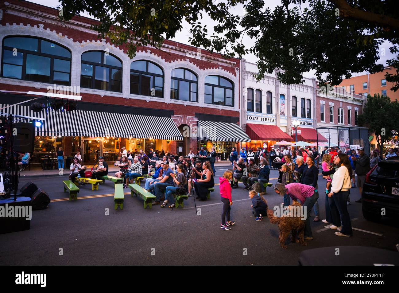 An evening street festival on the main street of Pendleton OR, USA on a ...