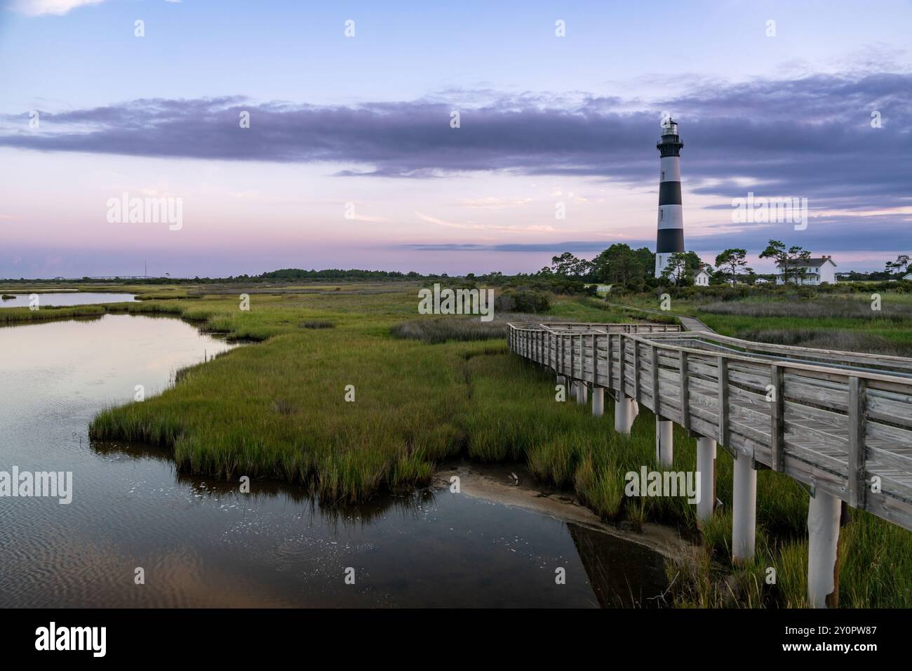 Bodie Island Lighthouse at sunset, boardwalk. Outer Banks OBX North ...