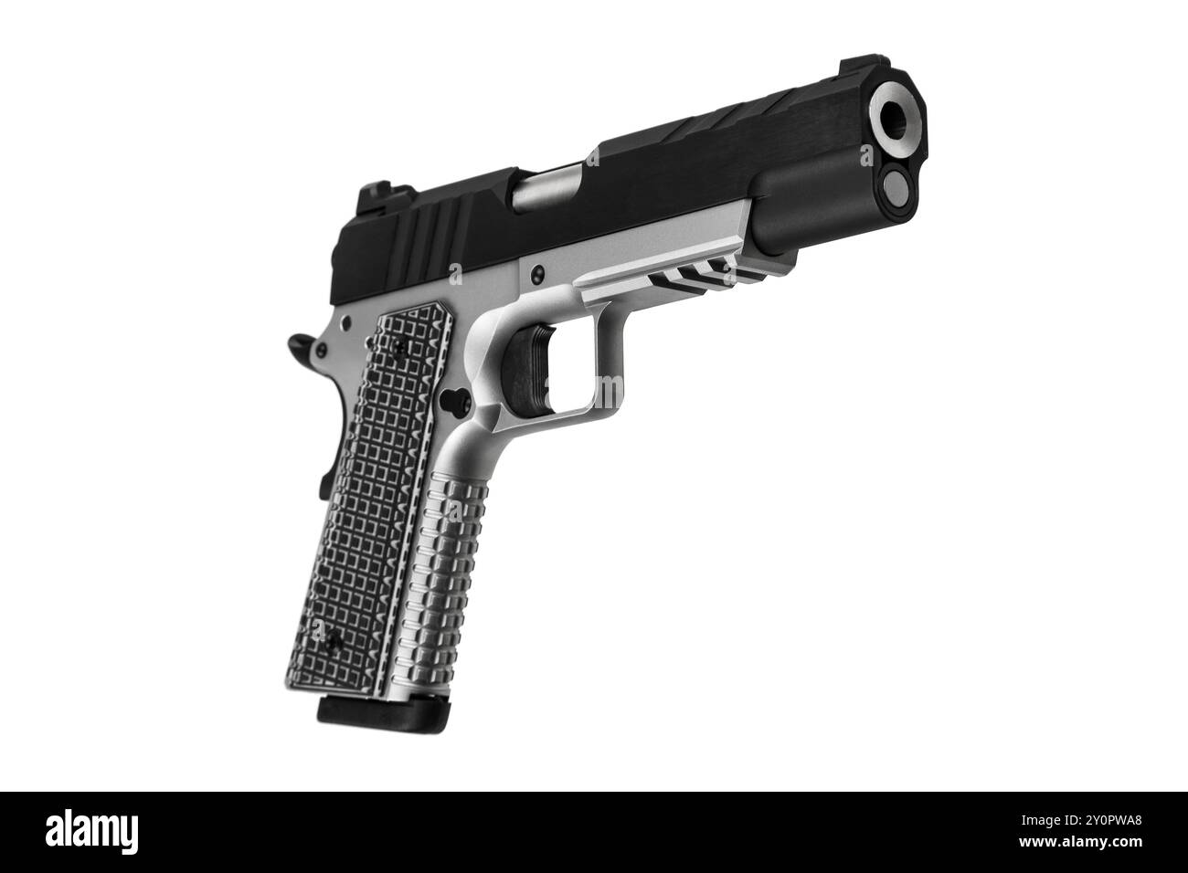 Modern silver semi-automatic pistol. A short-barreled weapon for self ...