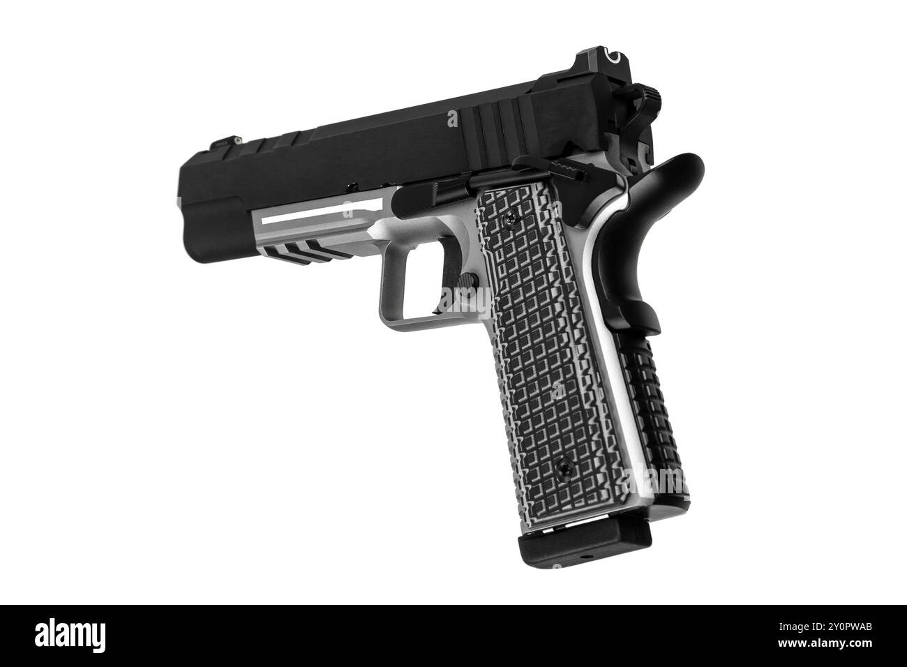 Modern silver semi-automatic pistol. A short-barreled weapon for self ...