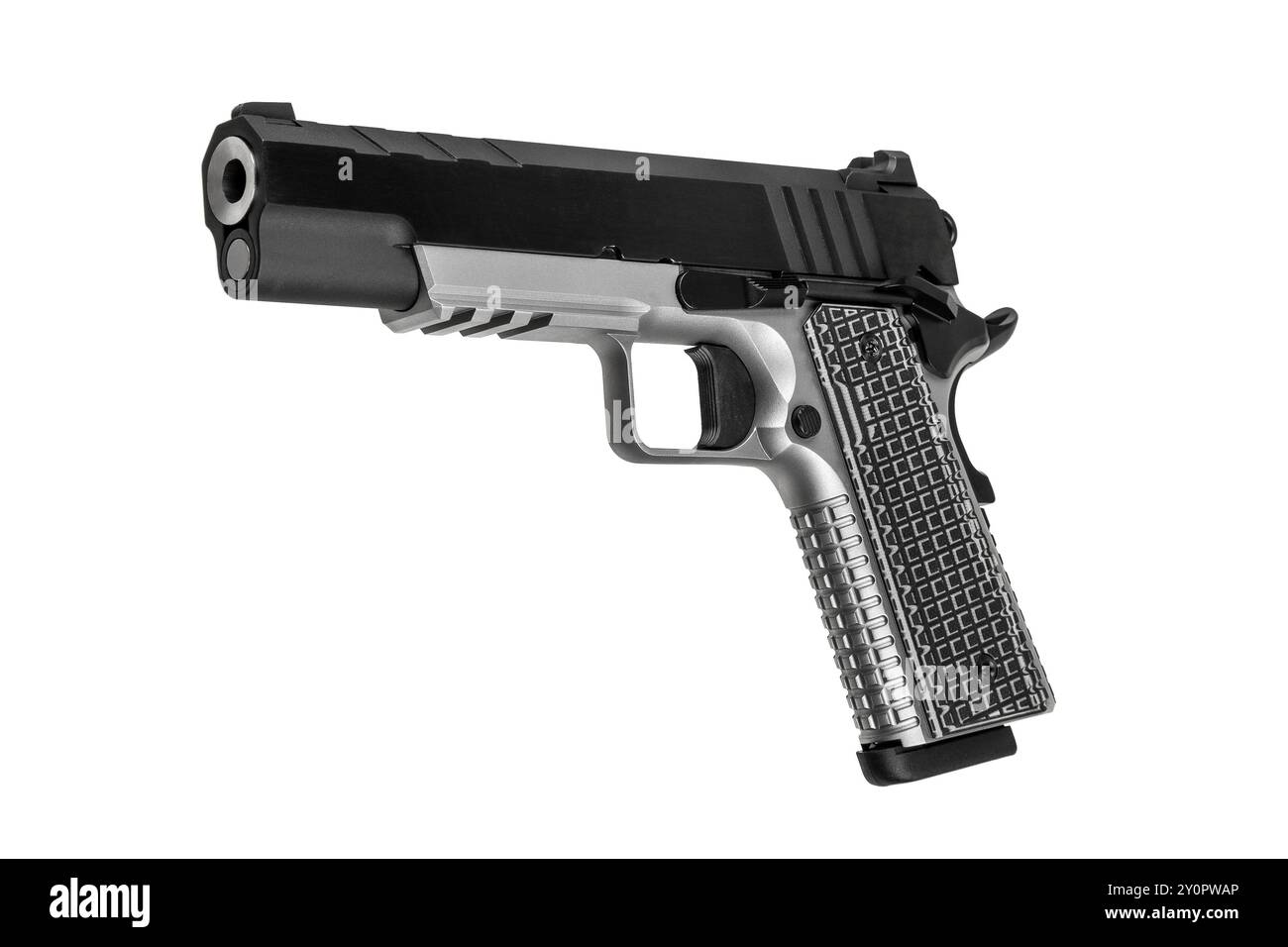 Modern silver semi-automatic pistol. A short-barreled weapon for self ...