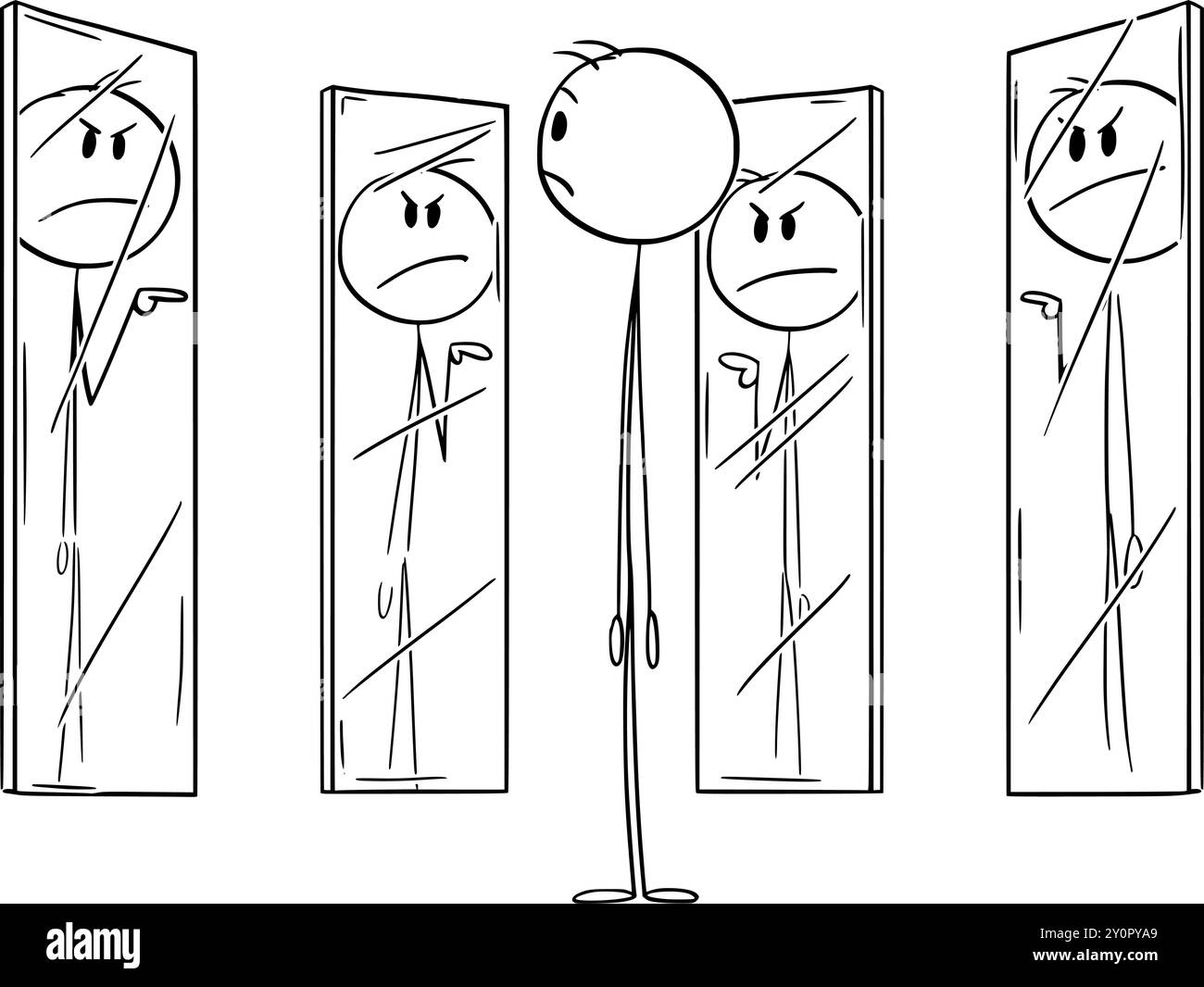 Person looking on angry mocking yourself in mirrors, vector cartoon ...