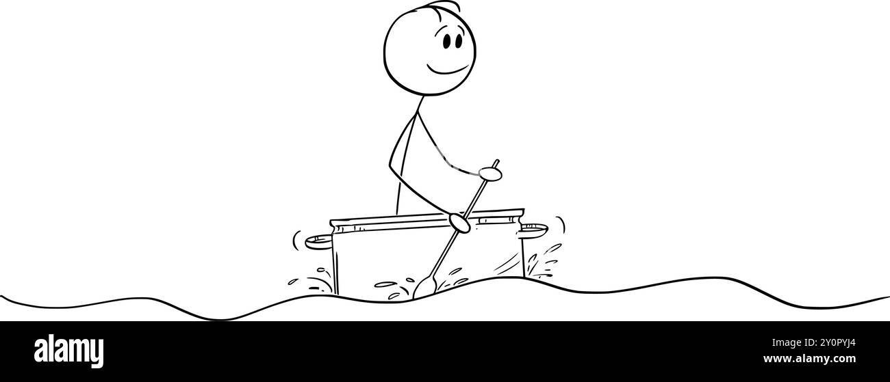 Happy person floating on the kitchen pot, vector cartoon stick figure ...