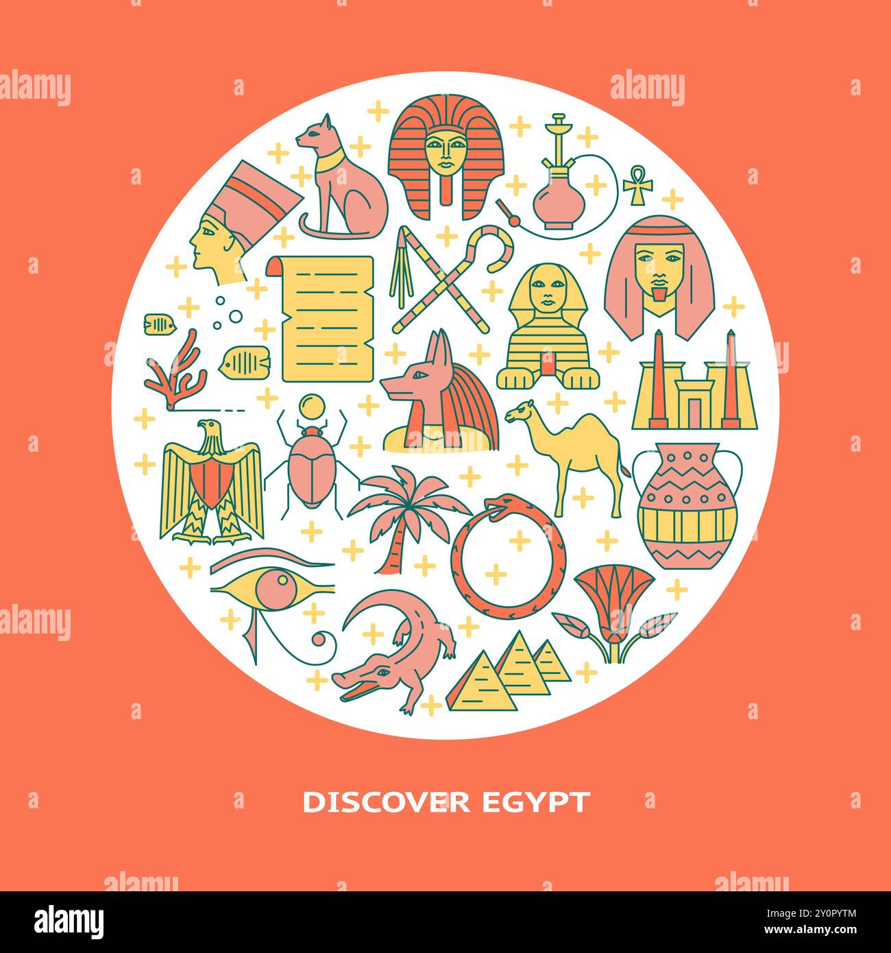 Round banner with Egypt icons in colored line style. Eagle national ...