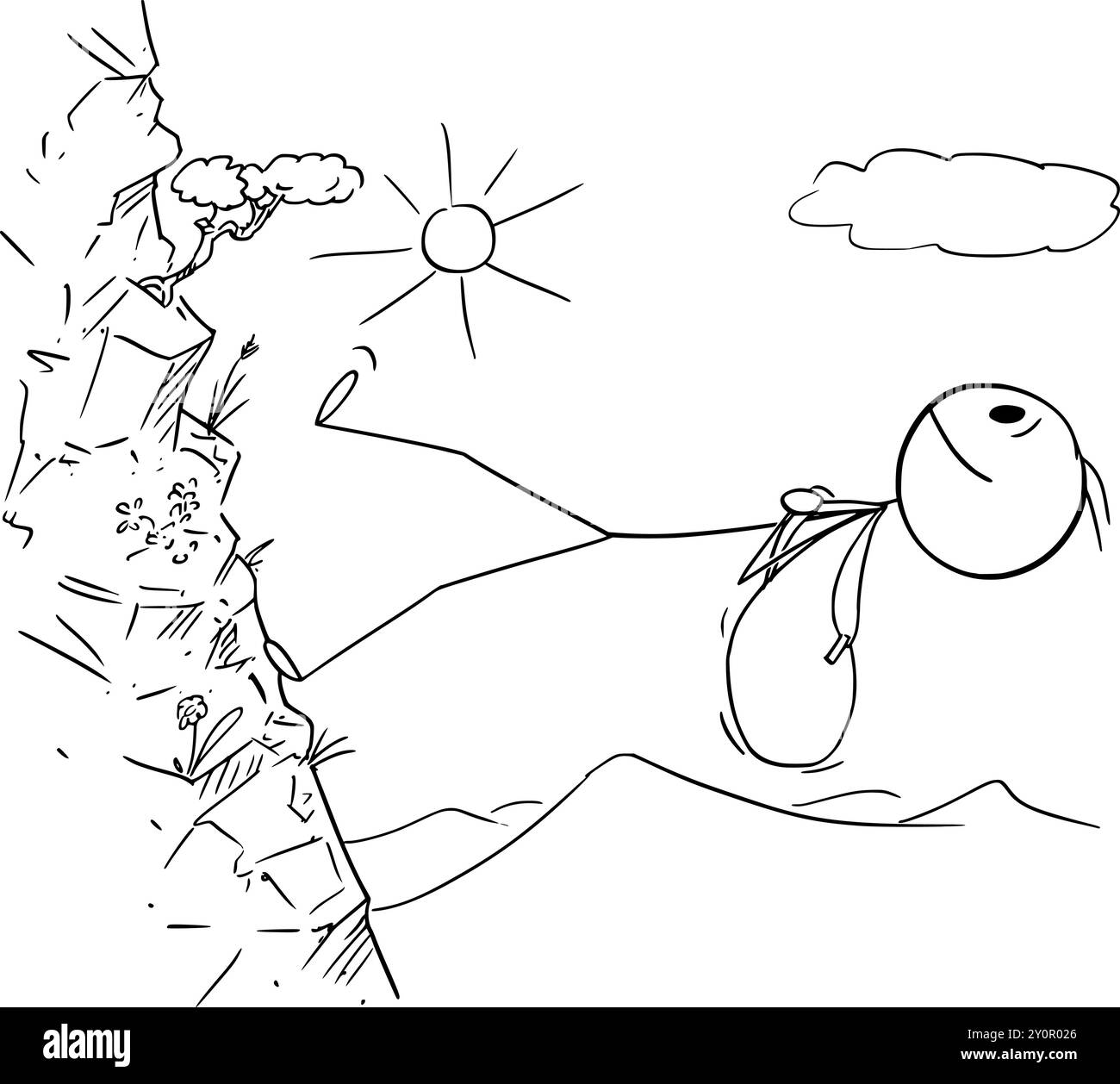 Hiker hiking or walking up the hill , vector cartoon stick figure or ...