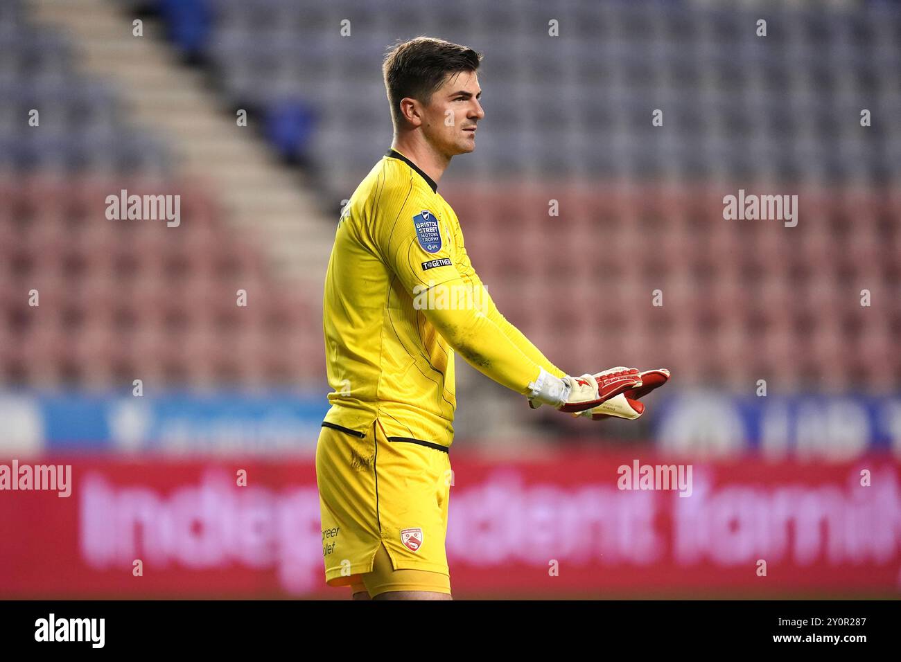 Morecambe goalkeeper Harry Burgoyne during the Bristol Street Motors ...