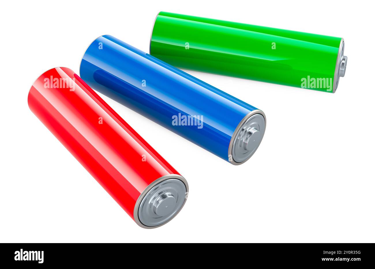 Batteries size AA, different color. 3D rendering isolated on white ...