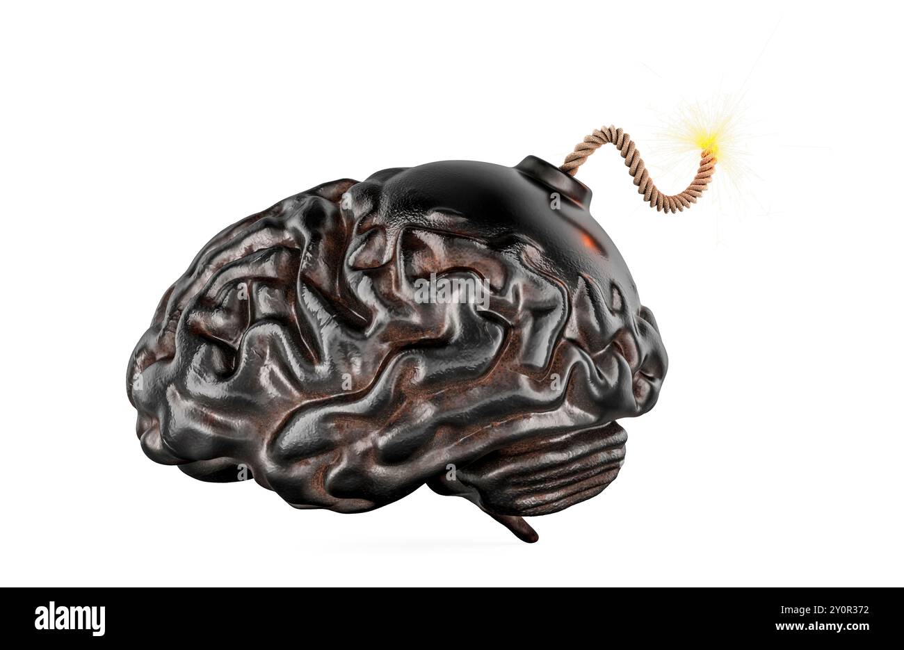 Human brain shaped like bomb with burning fuse. 3D rendering isolated ...