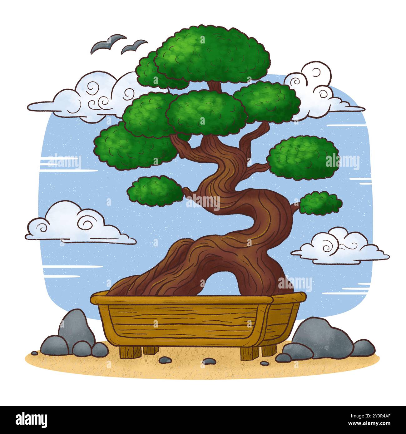 Bonsai traditional Japanese tree in wooden tub with clouds. Cute ...