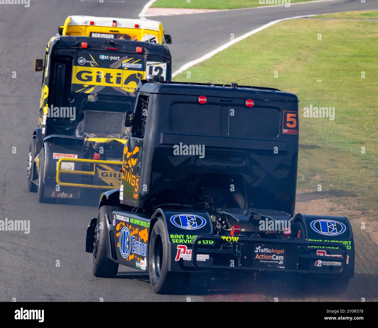Michael Oliver in the MAN TGX leads Adam Bint in the Volvo during the ...