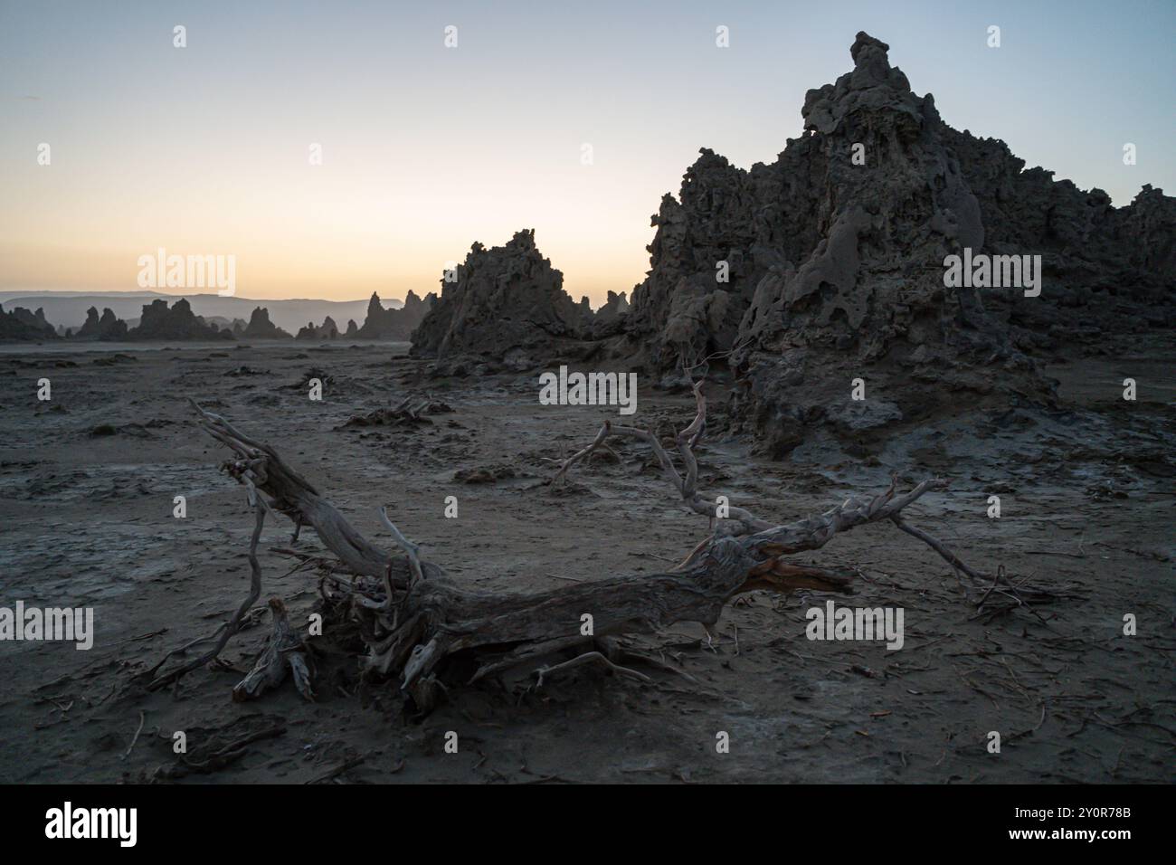 Sunrise around the volcanic chimneys of Lake Abbe (Lac Abbe Bad ...
