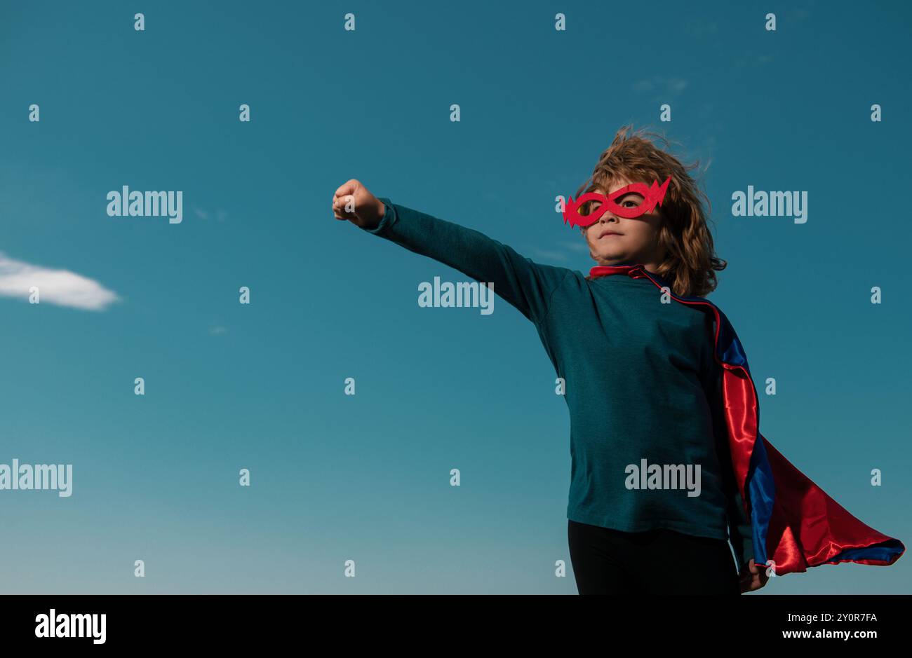 Excited child boy dressed like superhero. Super hero concept Stock ...