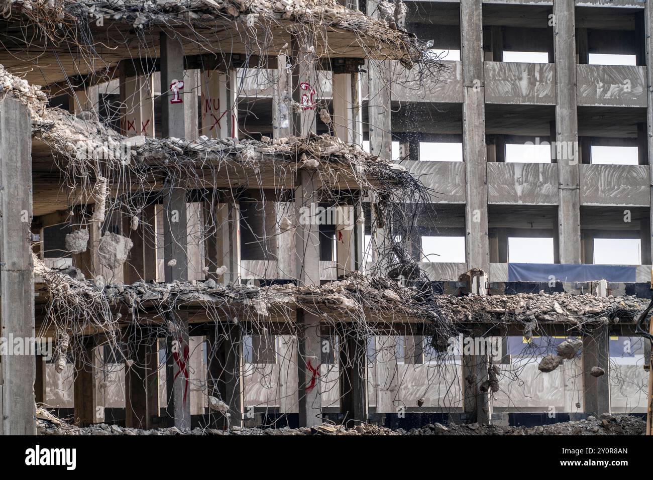 Demolition of a former office building, after complete gutting only the ...