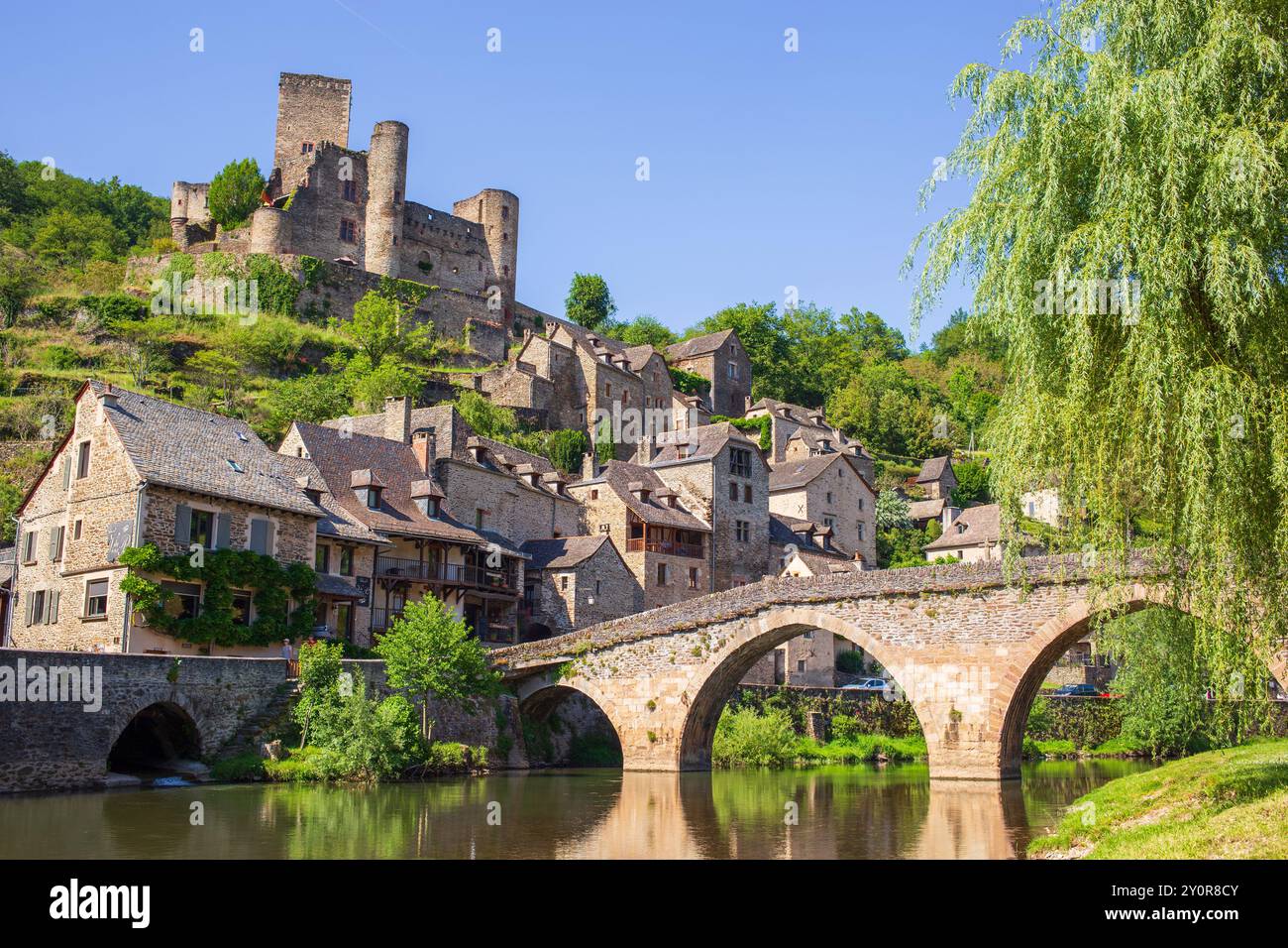 Belcastel village, castle and medieval bridge over Aveyron river, one ...