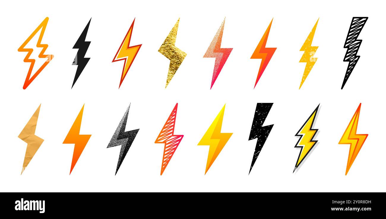 Lightning bolt icons collection. Golden, grunge, stippled, hand drawn ...