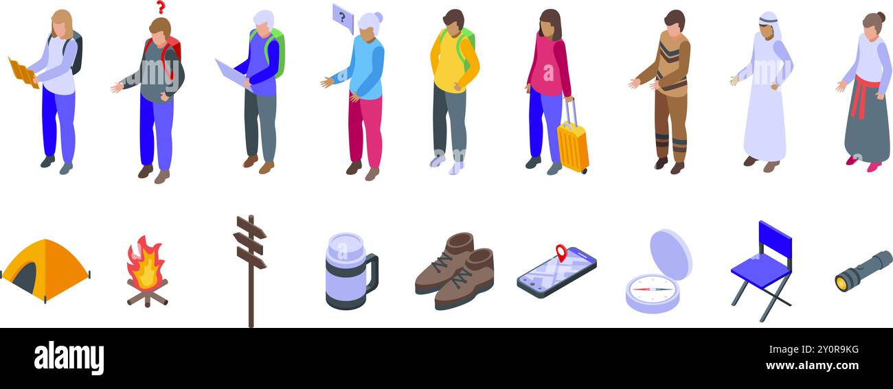 Tourist ask icons set. Travelers and backpackers are exploring new ... Tourist ask icons set. Travelers and backpackers are exploring new ...