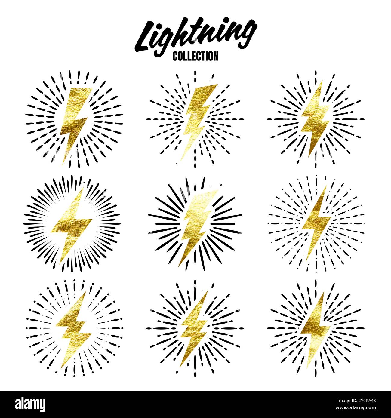 Set of vintage golden lightning bolts and sun rays. Gold foil texture ...