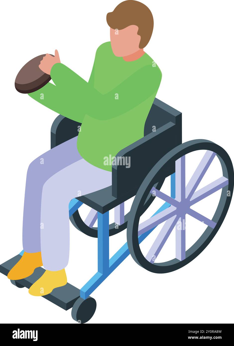This isometric illustration depicts a young man in a wheelchair ...