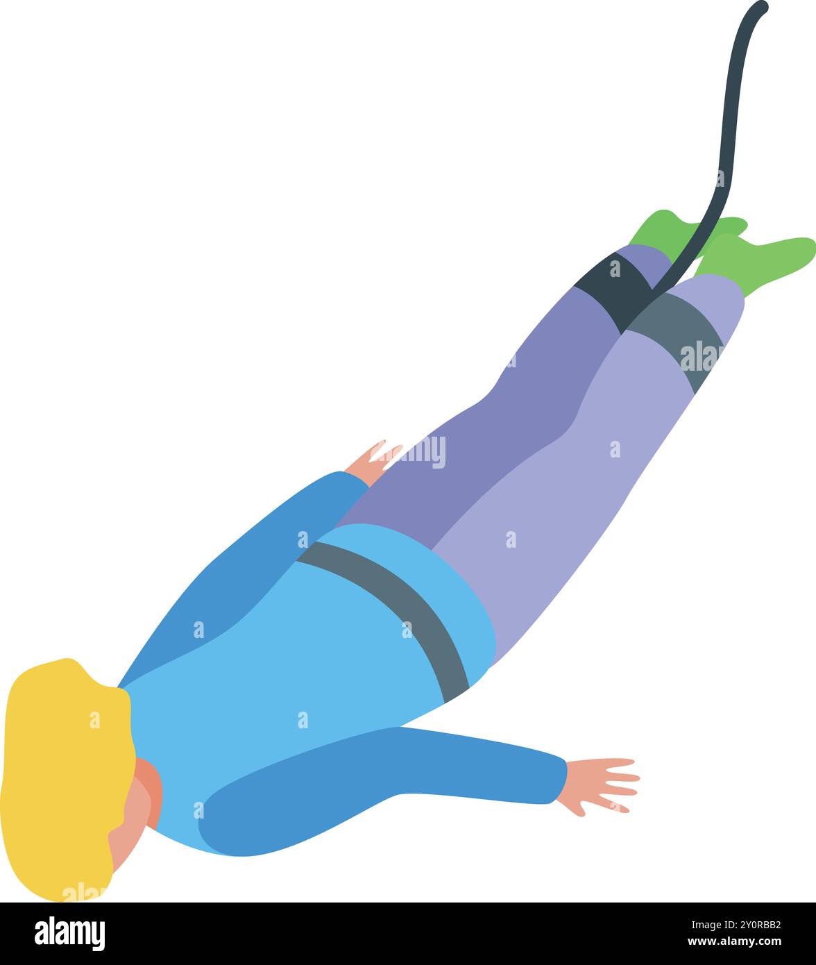Young woman with blonde hair is upside down, falling through the air, secured to a bungee ...