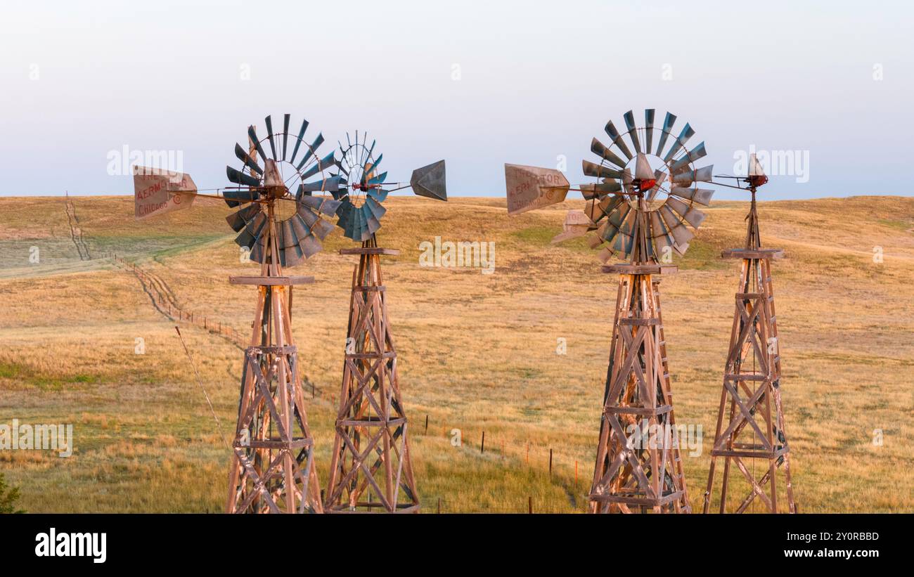 Aerial photograph of the famous Watson Ranch Windmills on clear summer ...