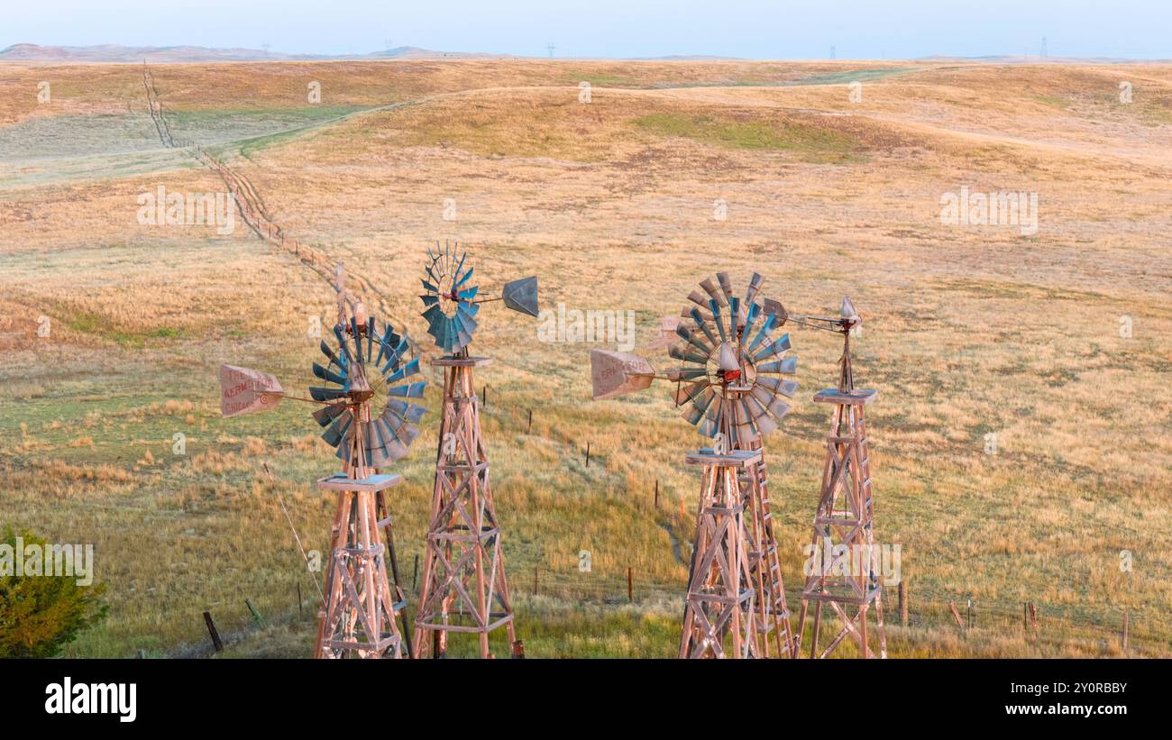 Aerial photograph of the famous Watson Ranch Windmills on clear summer ...