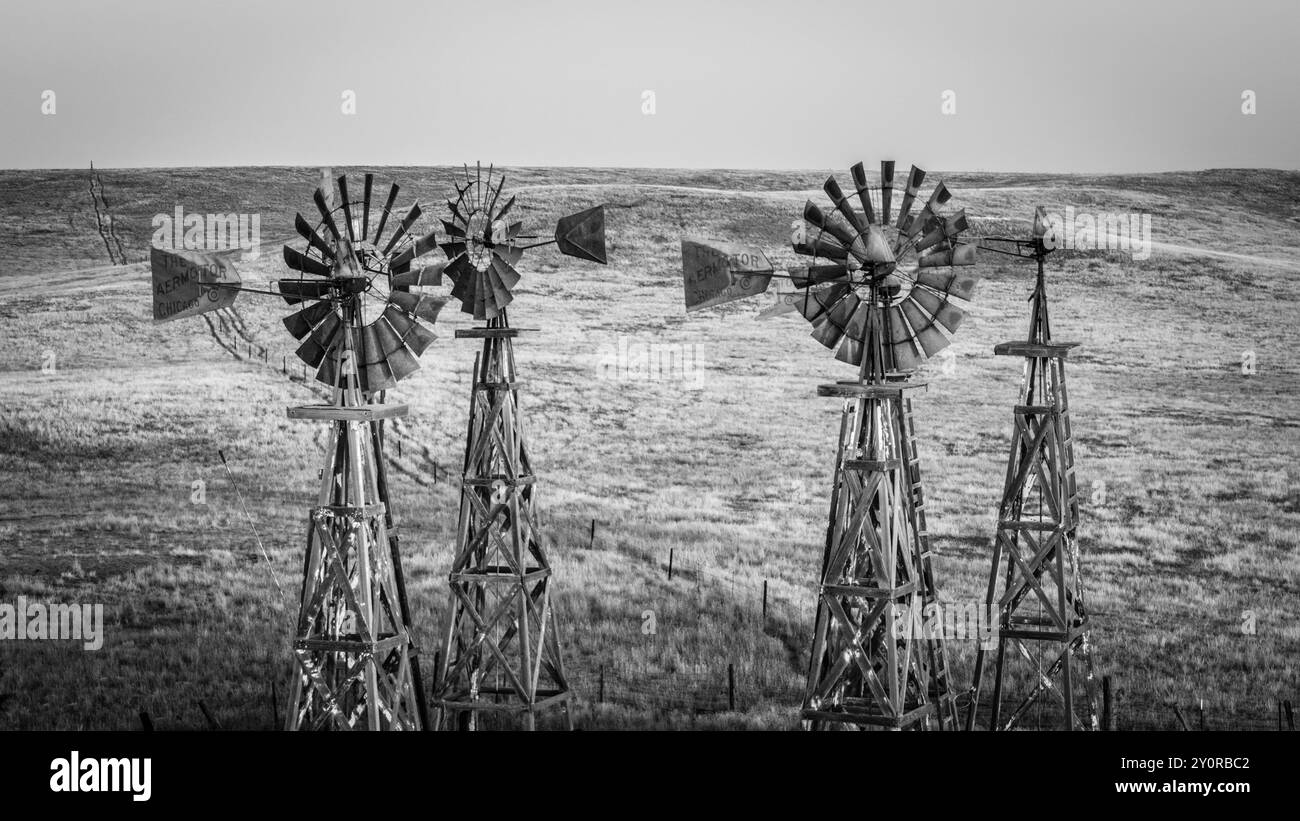 Aerial photograph of the famous Watson Ranch Windmills on clear summer ...